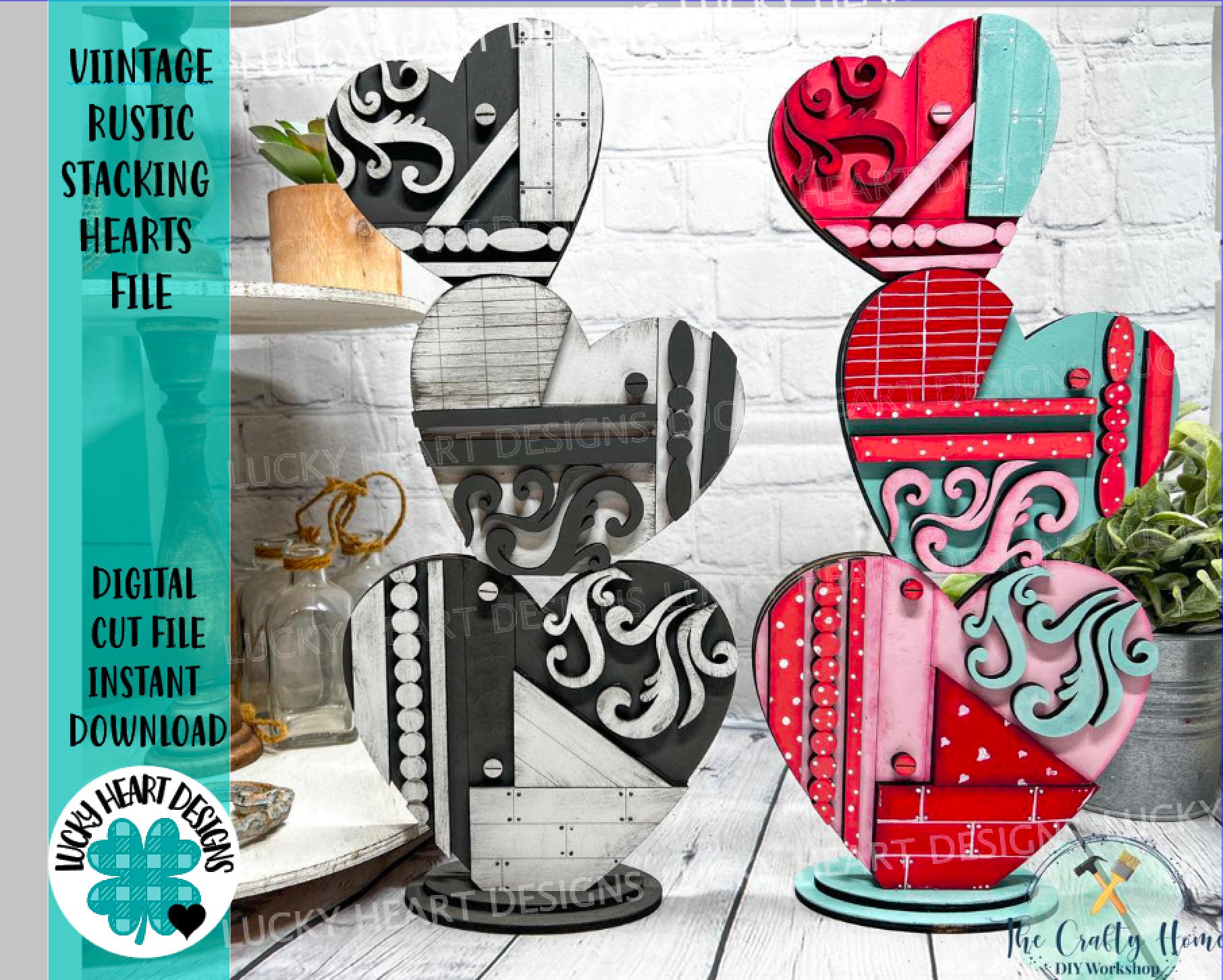 Vintage Rustic Stacking Hearts File SVG, Valentine Glowforge, LuckyHea ...