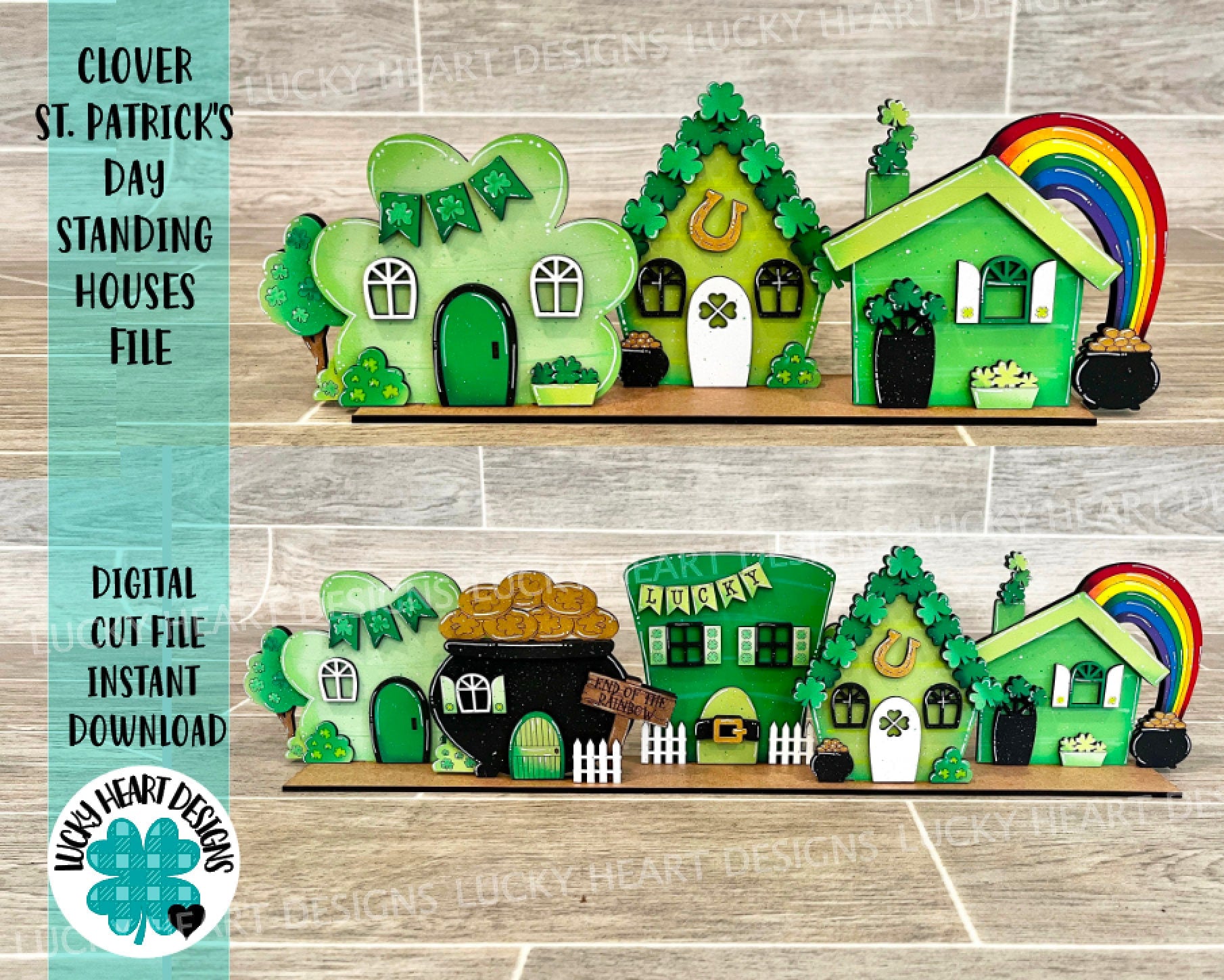 Clover St. Patrick's Day Standing Houses File SVG, Glowforge, LuckyHea ...