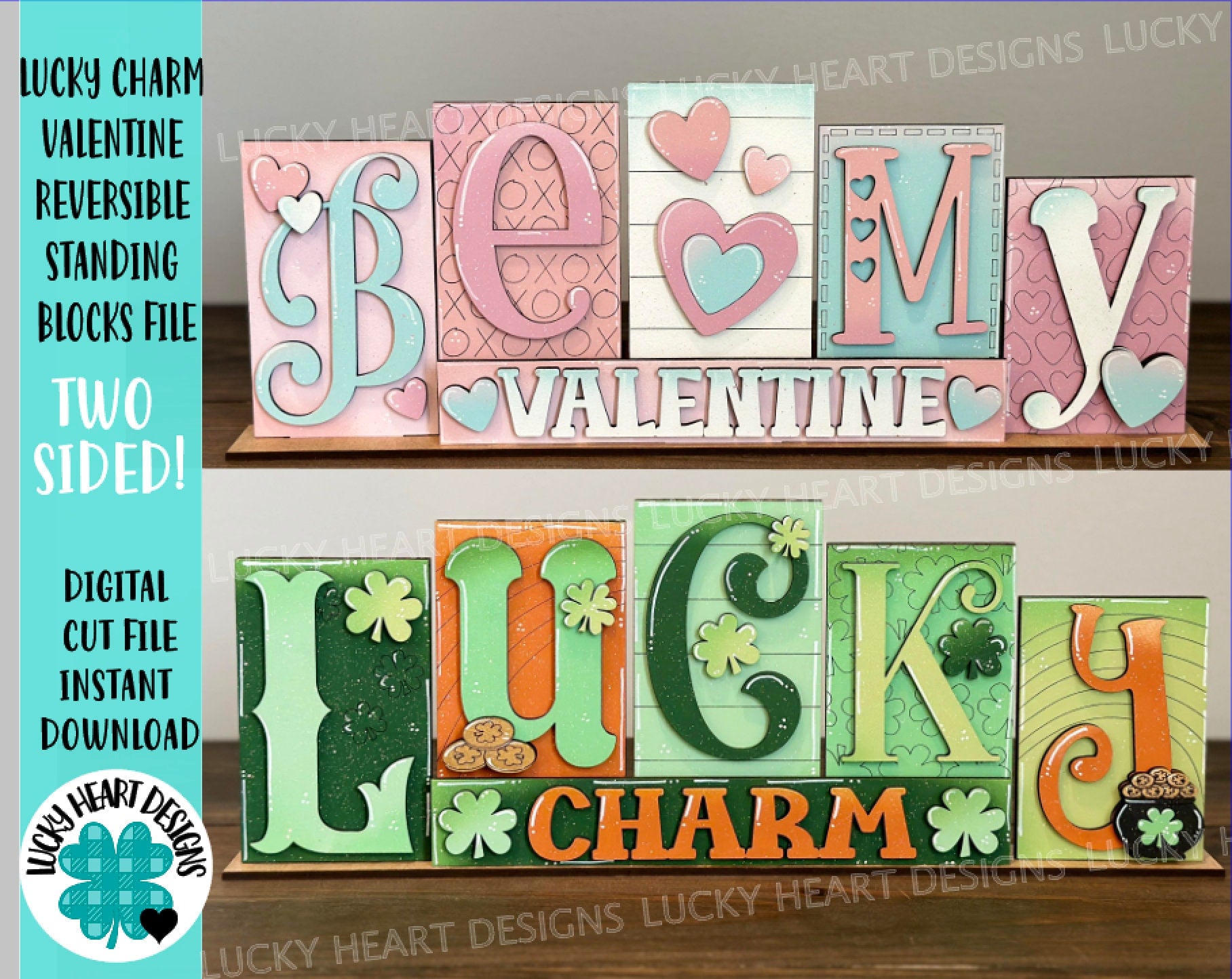 Lucky Charm Valentine Reversible Standing Blocks File SVG, Tiered Tray ...